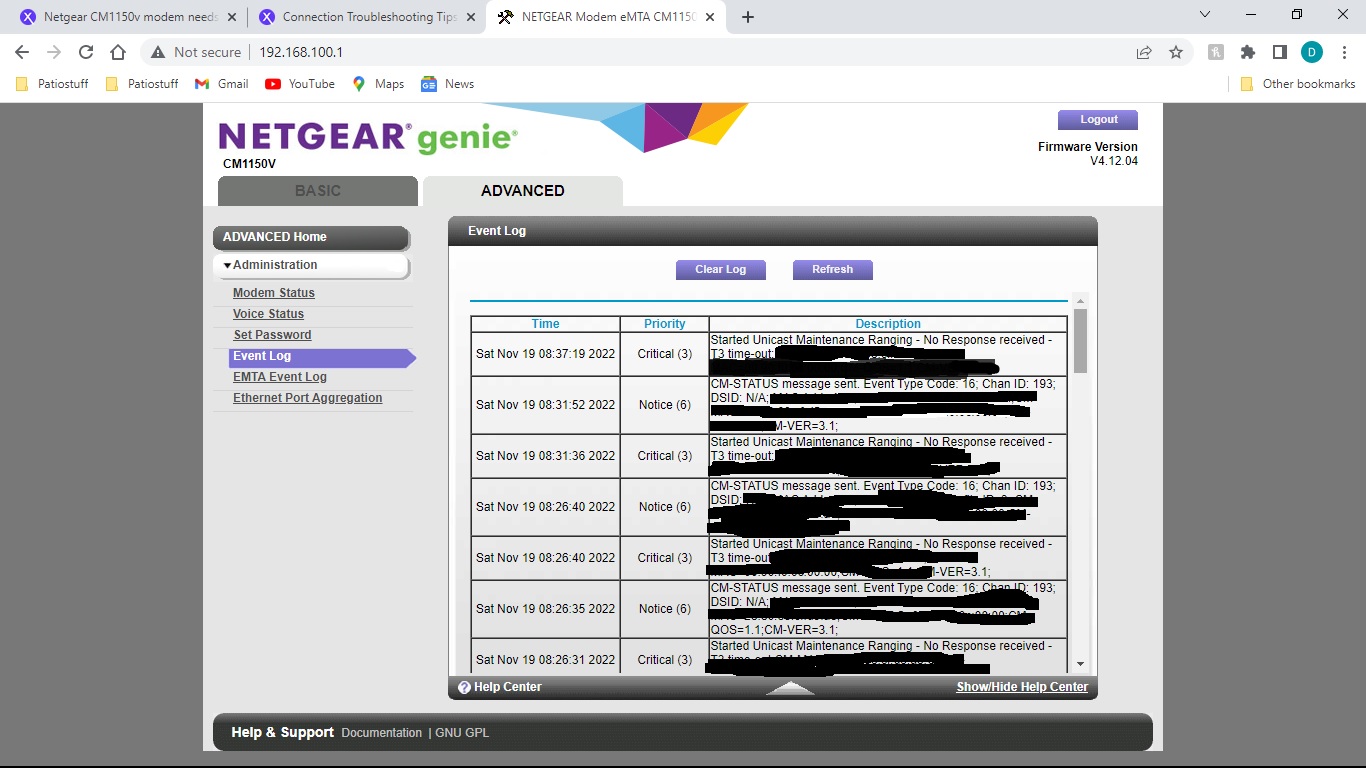 ‎Netgear CM1150v modem needs to be rebooted everyday or it goes very ...